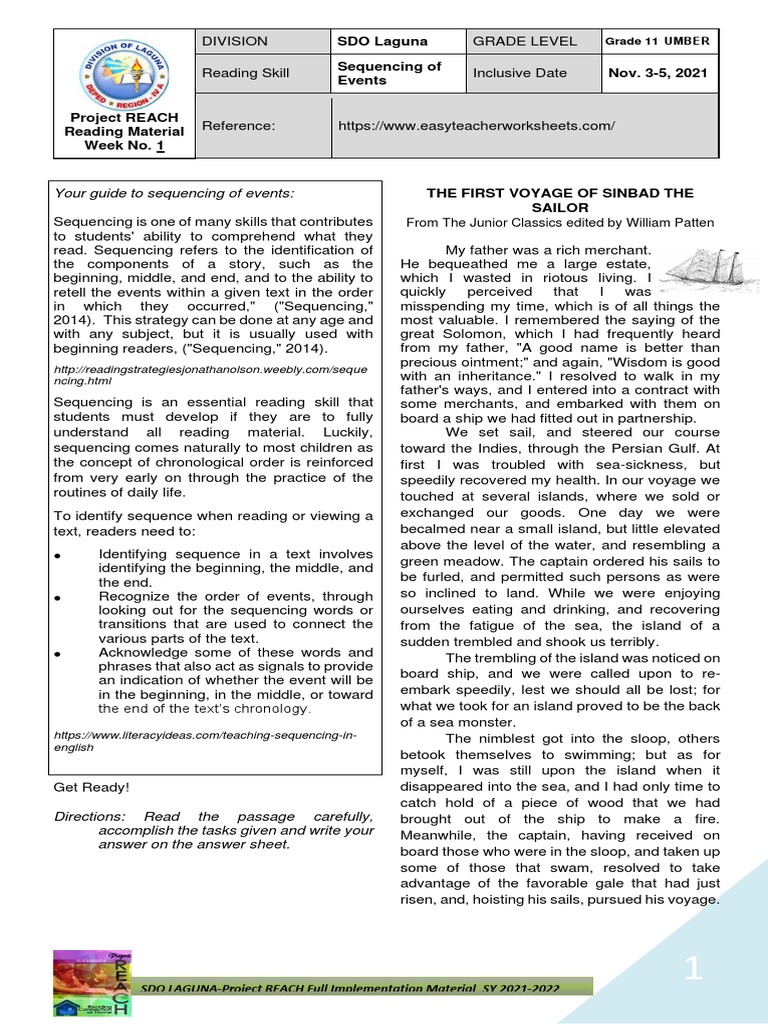 Grade 11-Upper Reading Level-Sequencing of Events-RM#1 | PDF
