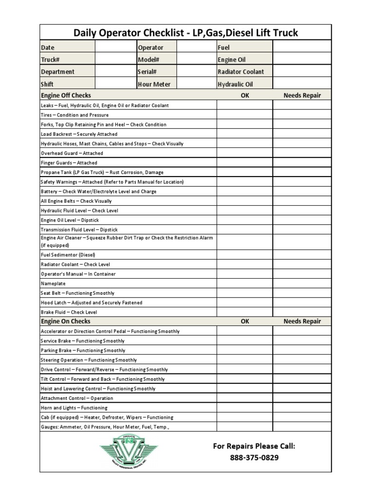 Daily Operator Checklist - Gas Diesel Lift Truck | PDF