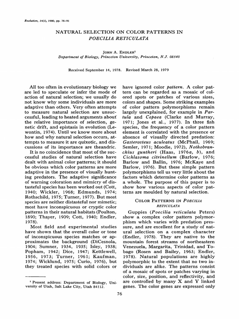 Endler - Natural Selection On Color Patters | PDF