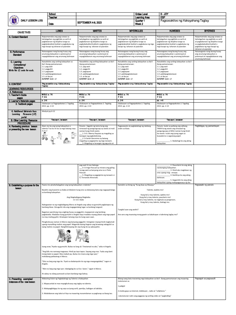Daily Lesson Log School Grdae Level Ii - Joy Teacher Learning Area ESP Date SEPTEMBER 4-8, 2023 ...