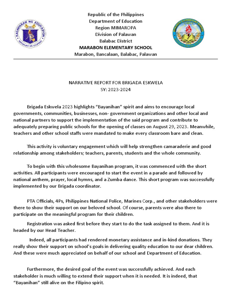 Brigada Eskwela Narrative Report 2023 | PDF | Wellness