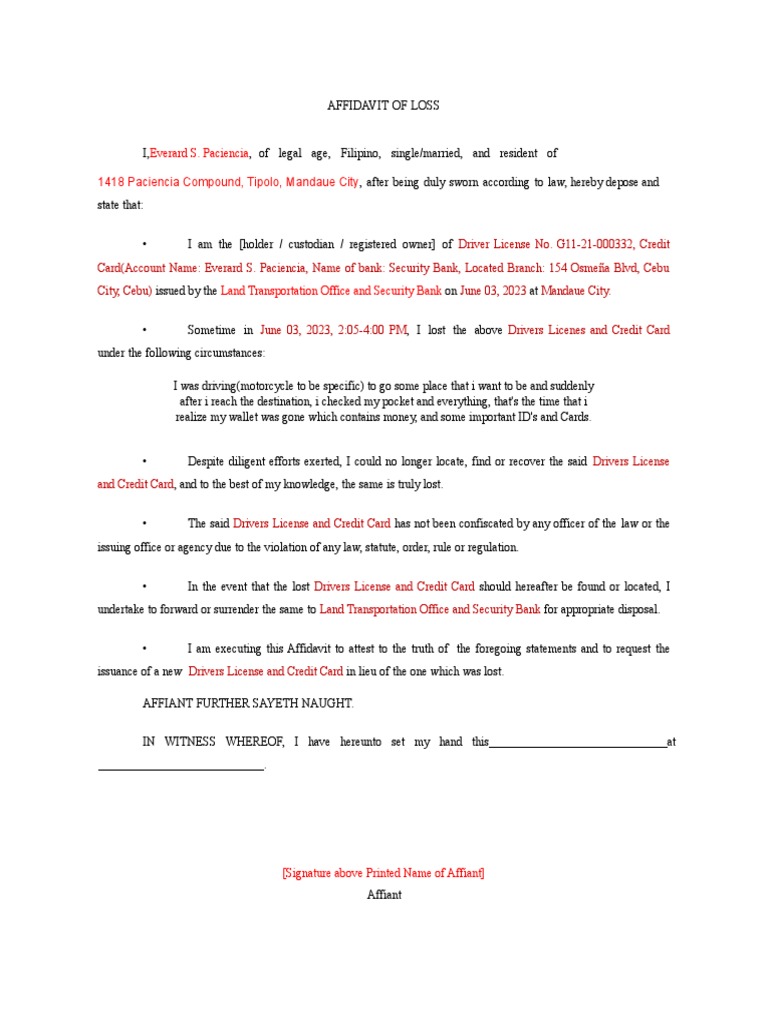 Affidavit of Loss Sample | PDF | Affidavit | Driver's License
