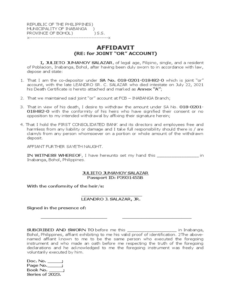 Affidavit For Joint or Account | PDF