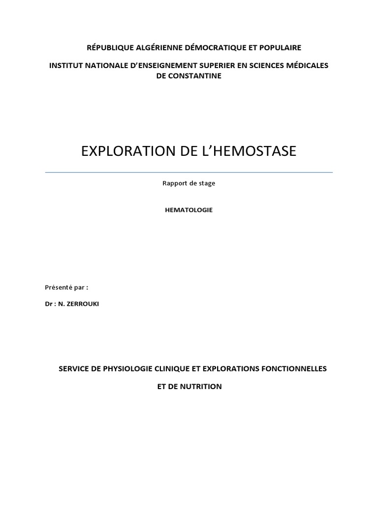 Exploration de L'hémostase | PDF | Coagulation | Hémostasie