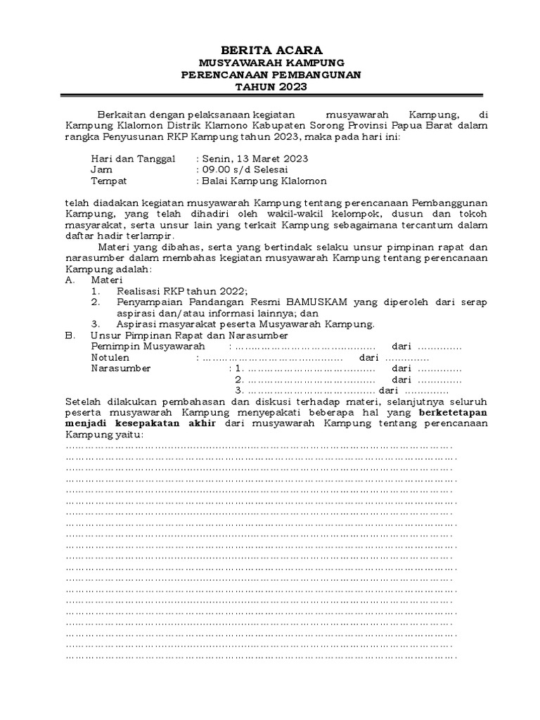 24 Format Berita Acara, Notulensi Dan Daftar Hadir Musdes Pembahasan, Penetapan Dan Pengesahan ...