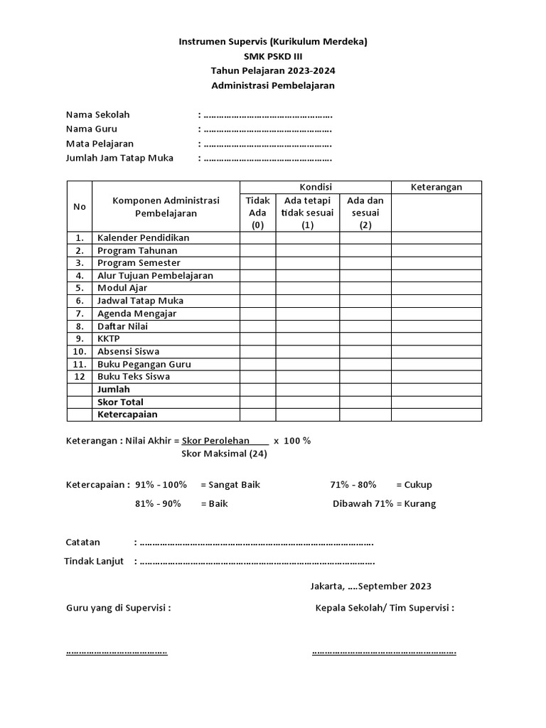 FORMAT SUPERVISI GURU Ad. ADMIN GURU (KUMER) | PDF | Metode & Bahan Ajar