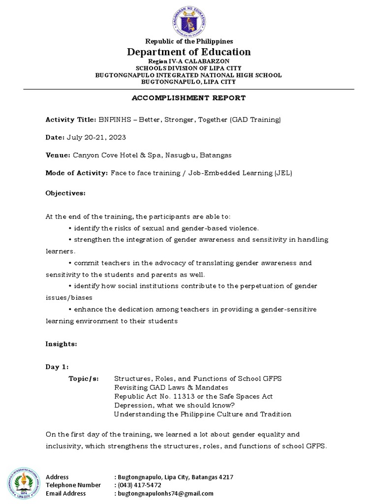 Accomplishment Report Gad 2023 Linatoc | PDF