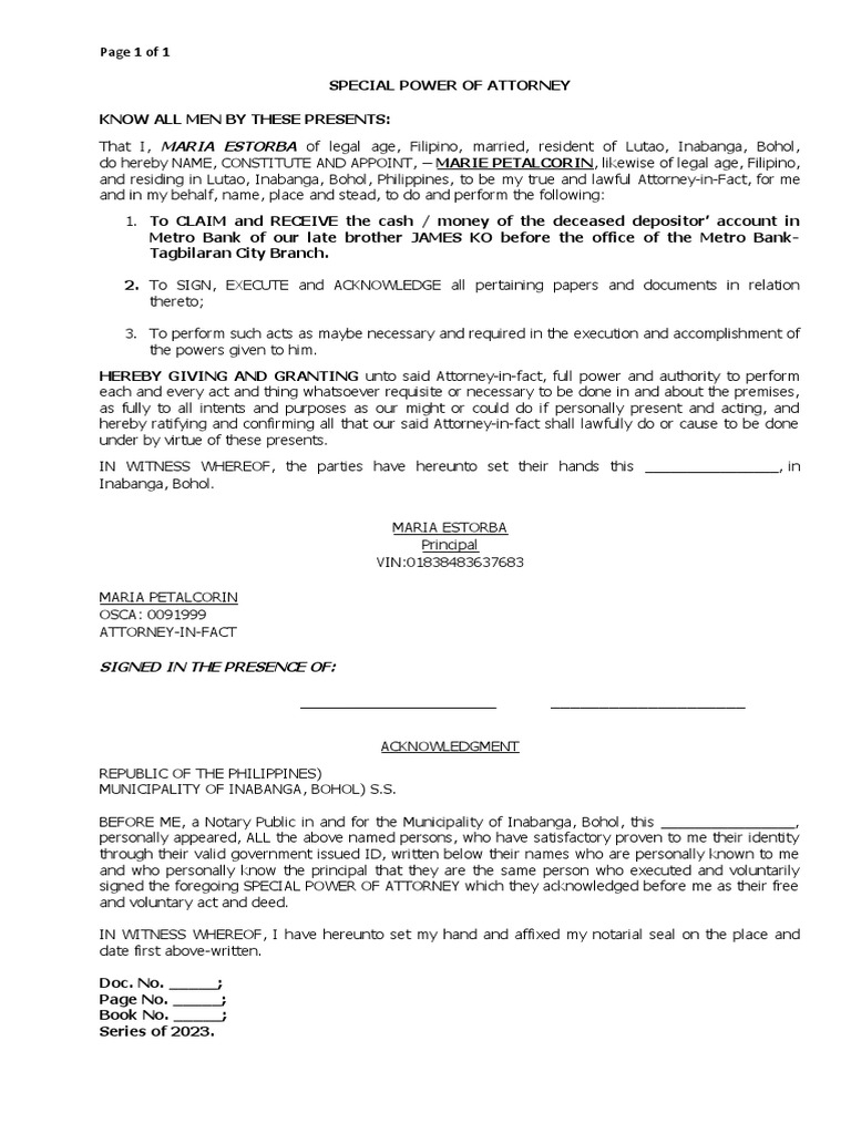 S1 Spa To Claim Bank Account Petalcorin | PDF | Power Of Attorney ...