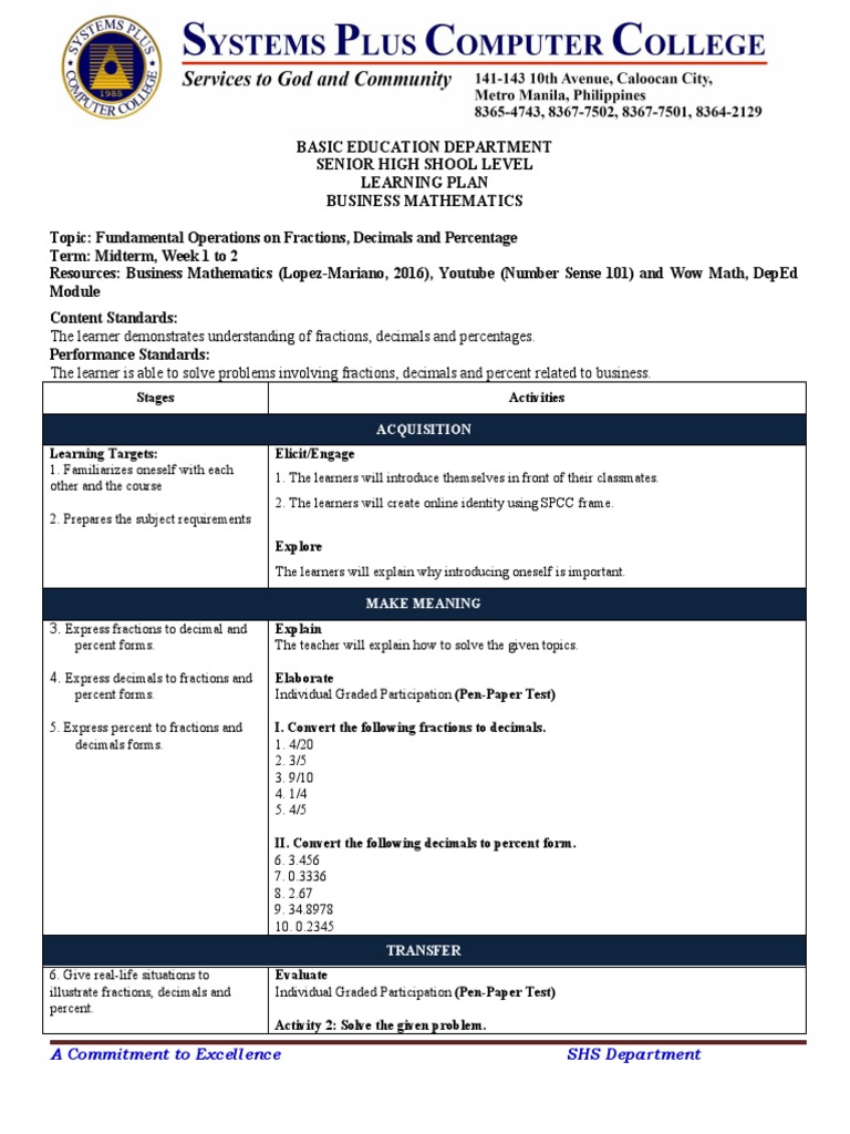 Learning-Plan Businessmath | PDF