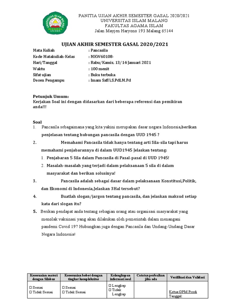 Soal UAS Pancasila 2021 | PDF