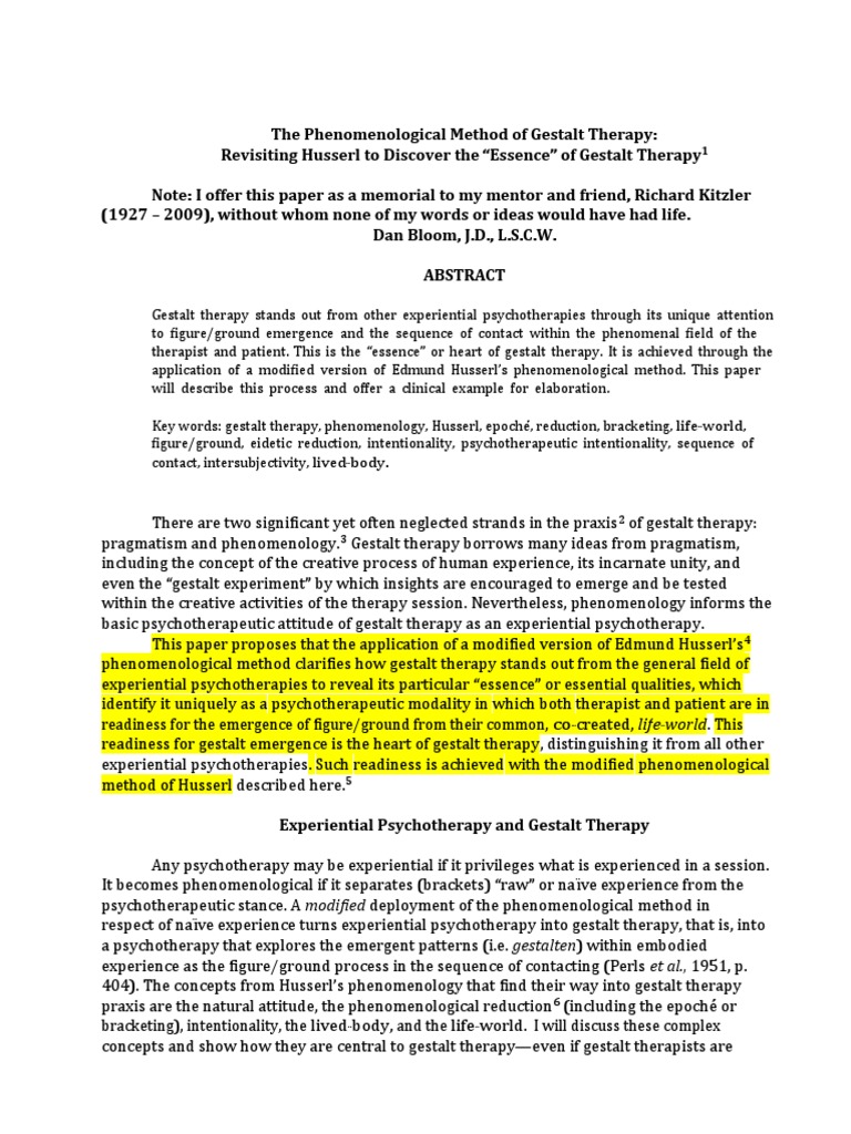 The Phenomenological Method of Gestalt Therapy Revisiting Husserl To ...