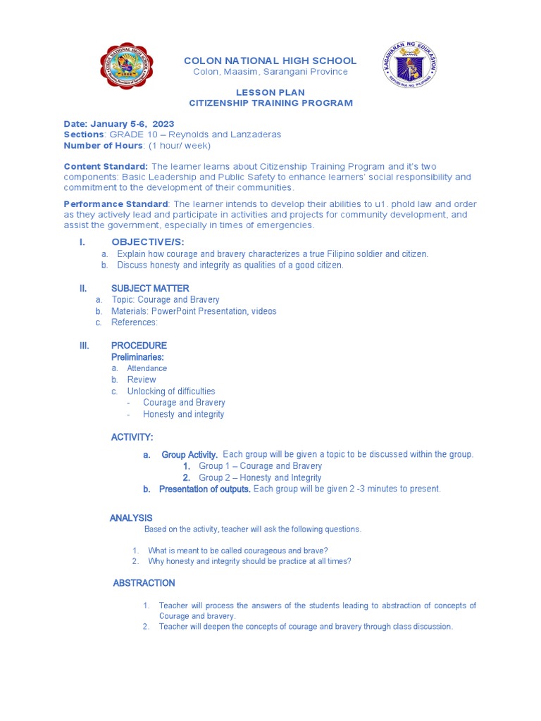 DLP Week 6 | PDF | Courage | Lesson Plan