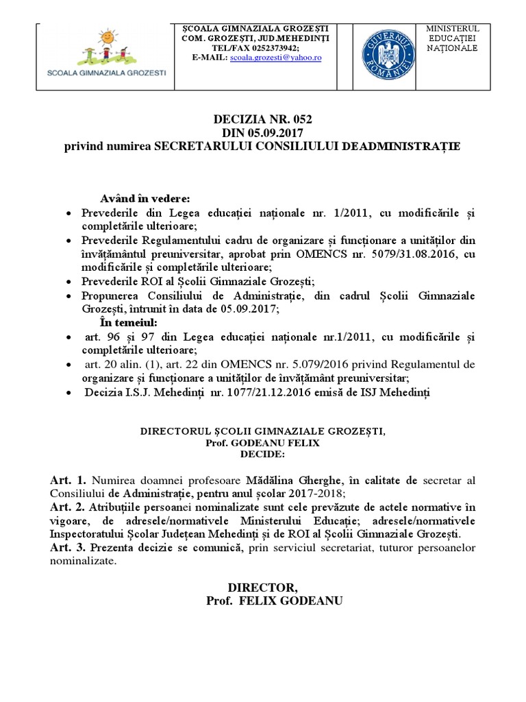 052 Decizie Numire Secretar-Ca | PDF