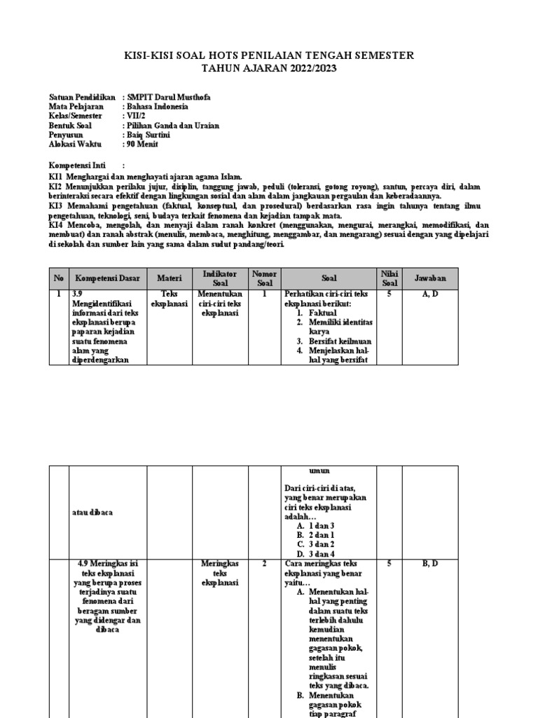 Kisi-Kisi Soal K7 | PDF