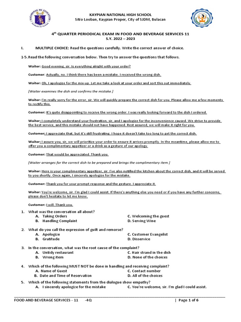 FINAL PT-FBS - 4th - 2022-2023 | PDF | Tableware | Waiting Staff