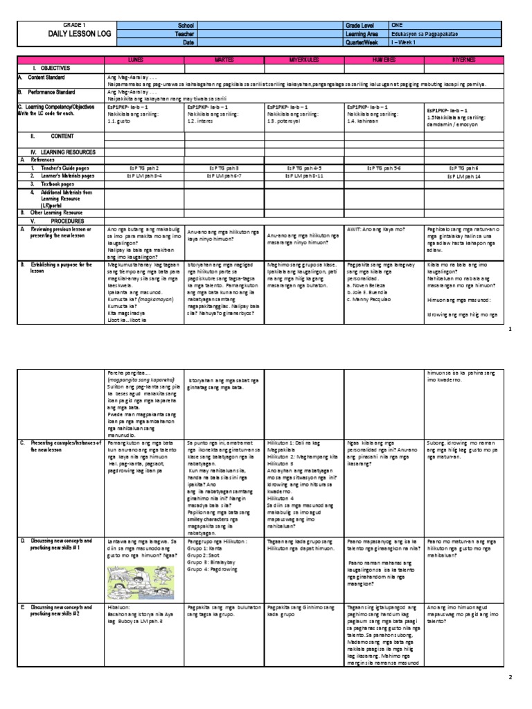 ESP1 Hiligaynon Daily Lesson Log Q1W1 | PDF