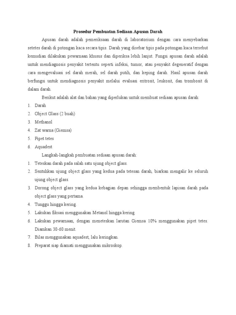 Prosedur Pembuatan Apusan Darah | PDF | Sains & Matematika