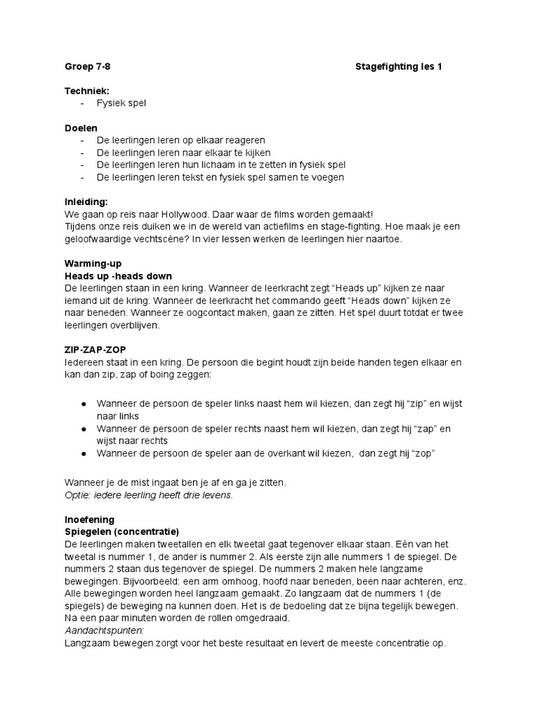 Theaterles Groep 7 - 8 Op Reis Stage Fighting | PDF