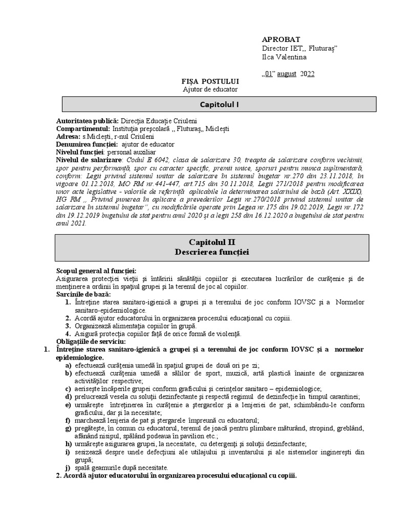 Fisa Post, Ajutor de Educator | PDF