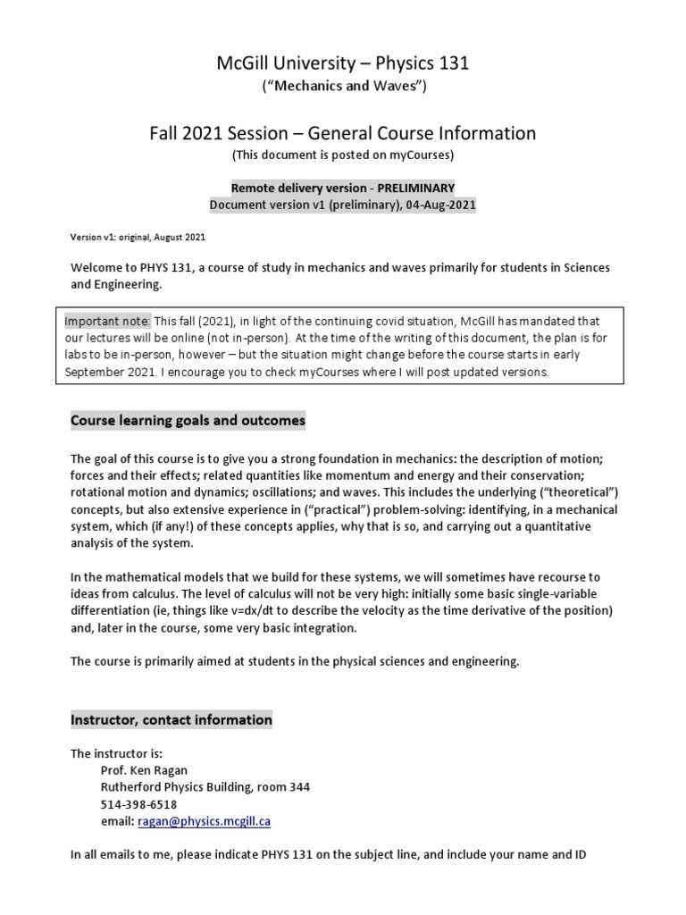 Phys131 2021 Course Information v1 | PDF | Momentum | Waves