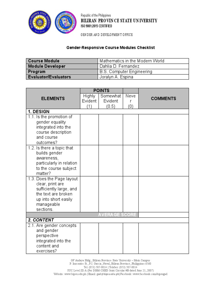 Gender Responsive Checklist For Modules 1 1 | PDF | Learning | Human ...