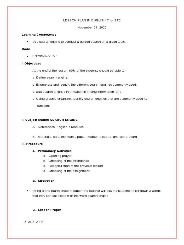 Search Engine Lesson Plan for Grade 5 | PDF | World Wide Web | Internet ...