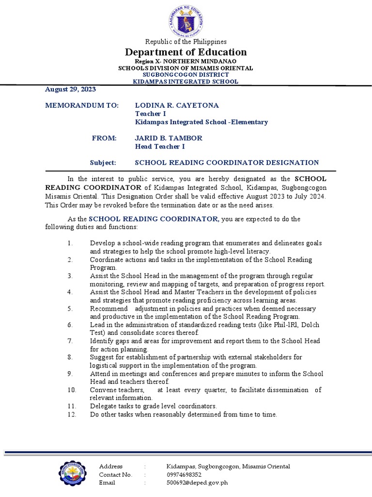 Reading Coor Designation | PDF | Behavior Modification | Learning