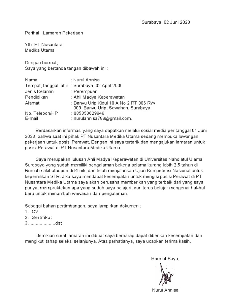 Surat Lamaran Nurul Annisa | PDF