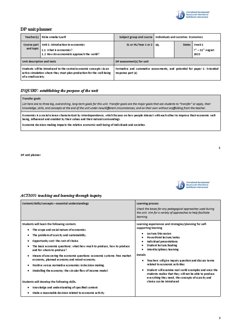 Introduction to Economics Unit Plan | PDF | Economics | Learning