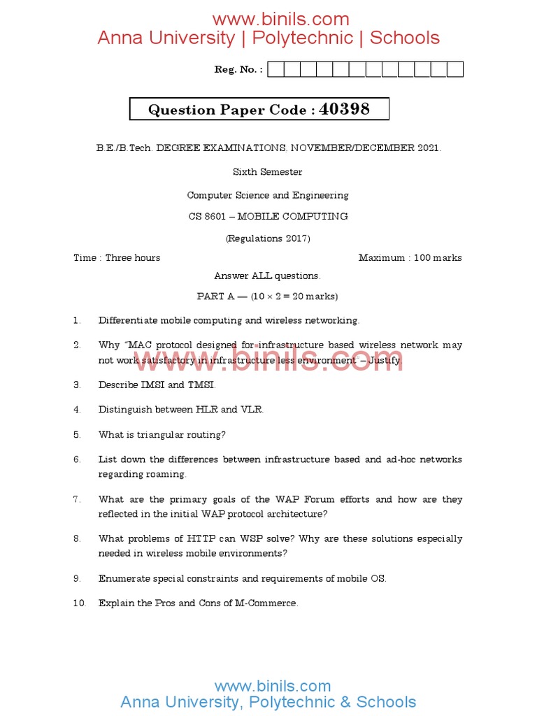 Cs8601 Mobile Computig Pdf Computer Network Transmission Control Protocol