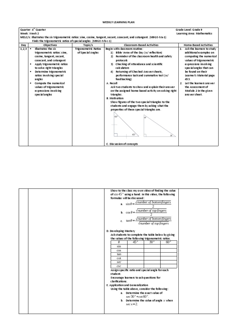 Trigonometric Ratios Of Special Angles Wlp Week 20 Pdf Trigonometric Functions Trigonometry