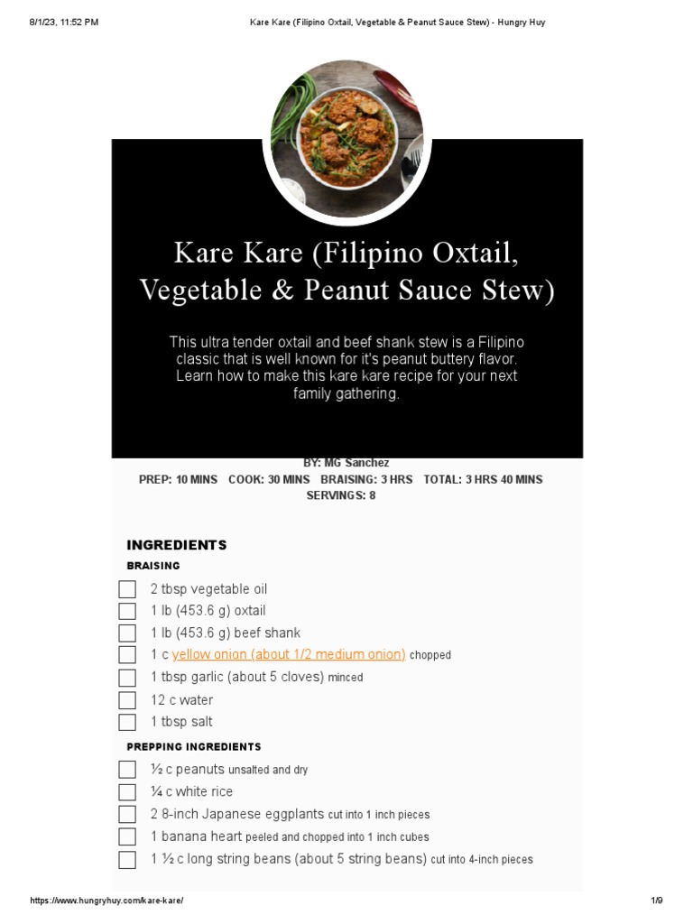 Kare Kare (Filipino Oxtail, Vegetable & Peanut Sauce Stew) Recipe | PDF ...