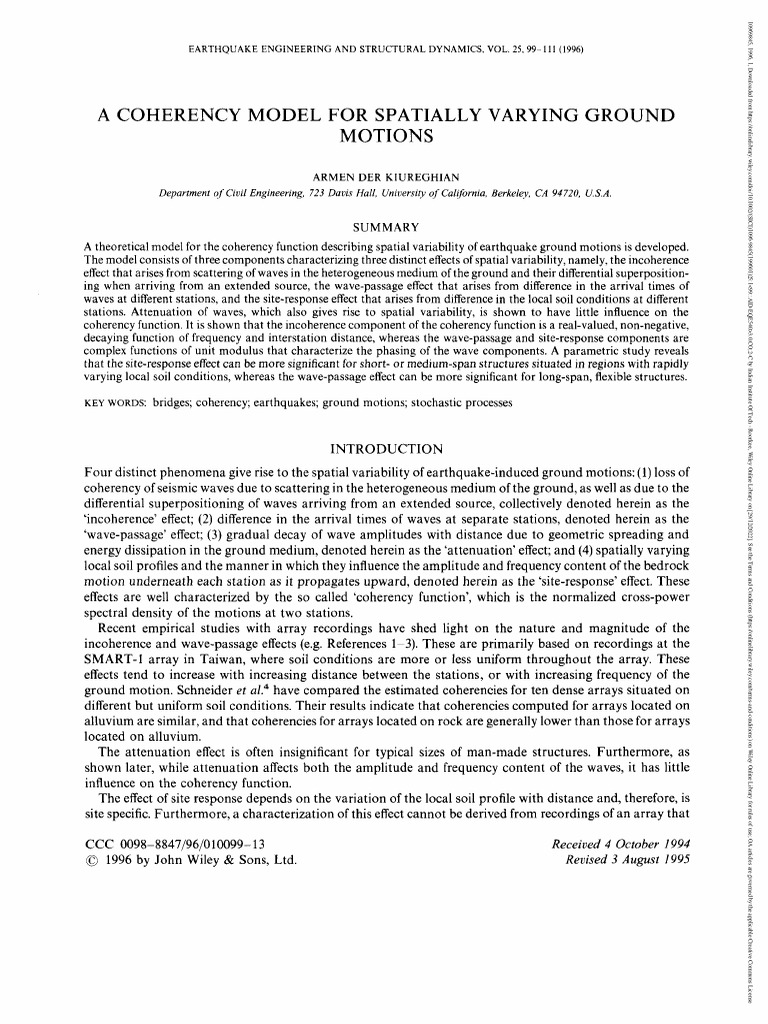 Kiureghian 1996 A Coherency Model For Spatially Varying Ground