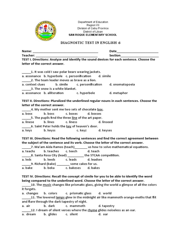 Pre-Test - English 6 | PDF | Sentence (Linguistics) | Linguistics
