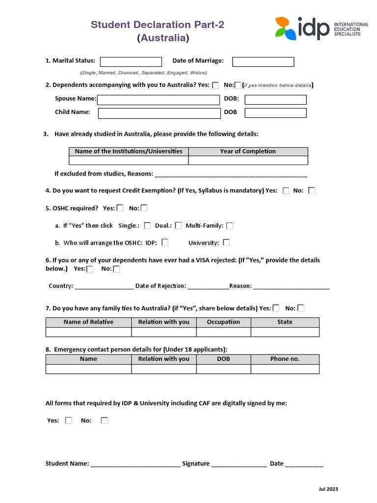 IDP Student Declaration Form Part 2 | PDF