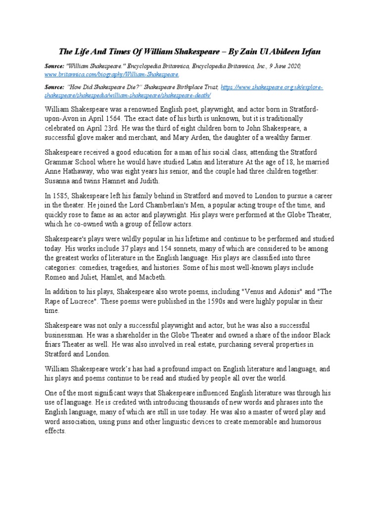 The Life and Times of William Shakespeare | PDF | William Shakespeare