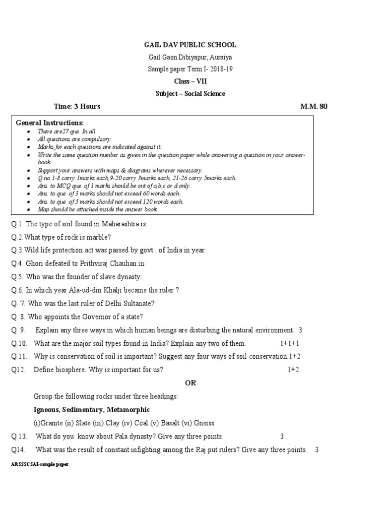 S.SC - VII SAI Sample Paper 2018-19 | PDF