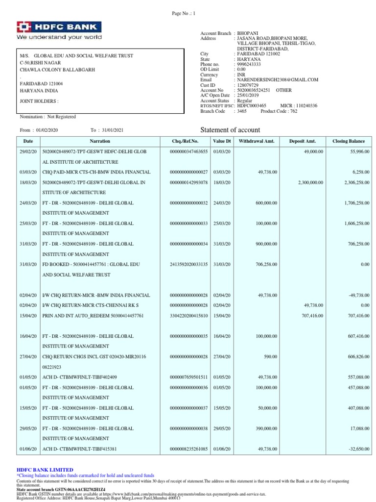 Statement of Account: Date Narration Chq./Ref - No. Value DT Withdrawal ...