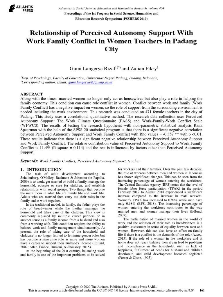 Relationship of Perceived Autonomy Support With Work Family Conflict in ...