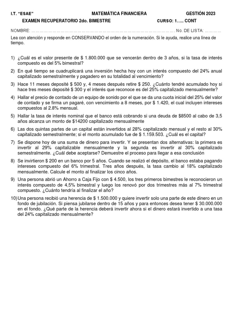Examen Recuperatorio Segundo Bimestre | PDF Examen Recuperatorio Segundo Bimestre | PDF