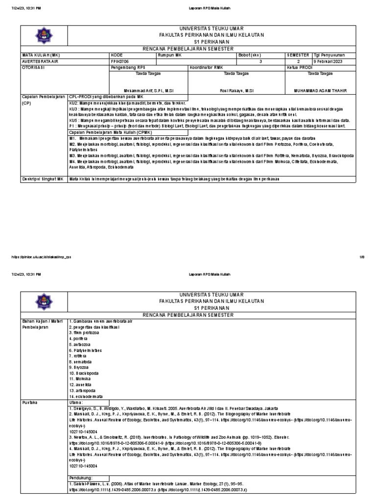 RPS Mata Kuliah Avertebrata Air | PDF