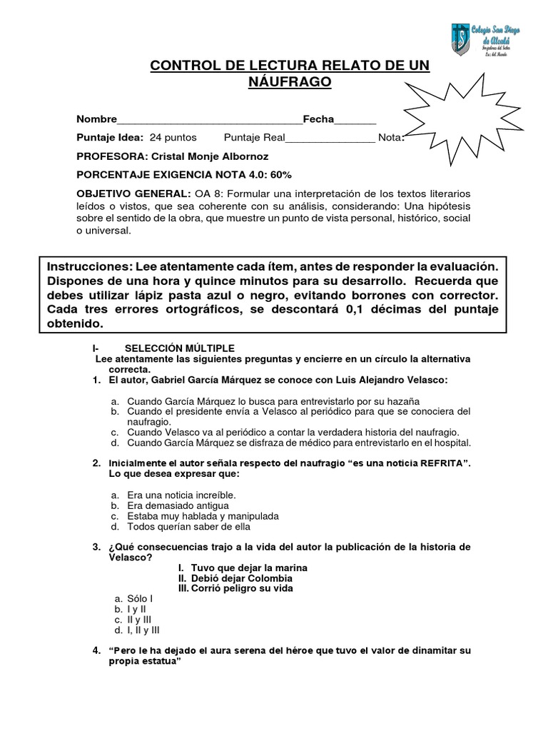 Control de Lectura Relato de Un Náufrago | PDF | Gabriel García Márquez