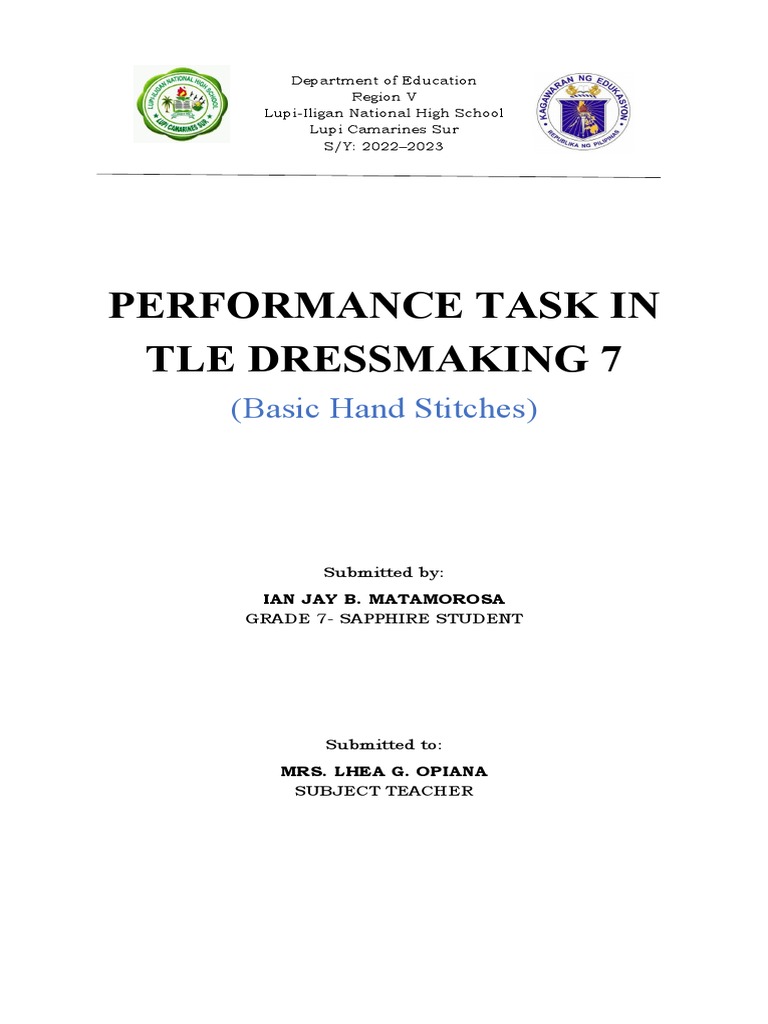 Performance Task in Tle Dressmaking 7: (Basic Hand Stitches) | PDF