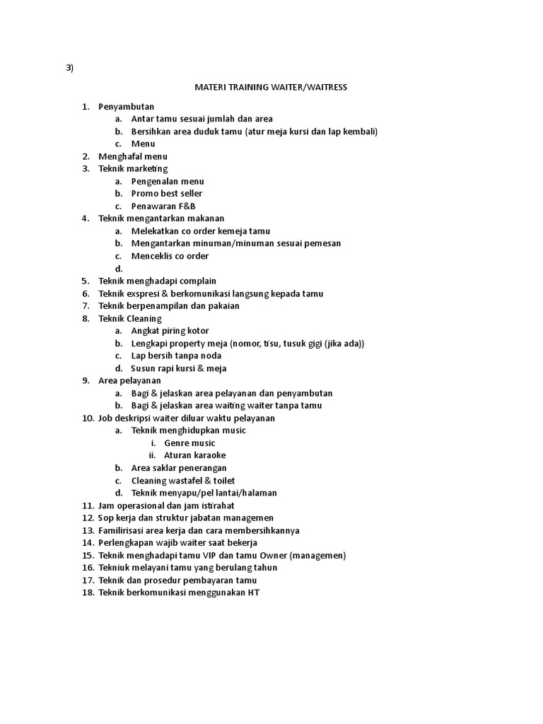 Materi Pelatihan Waiter dan Waitress | PDF