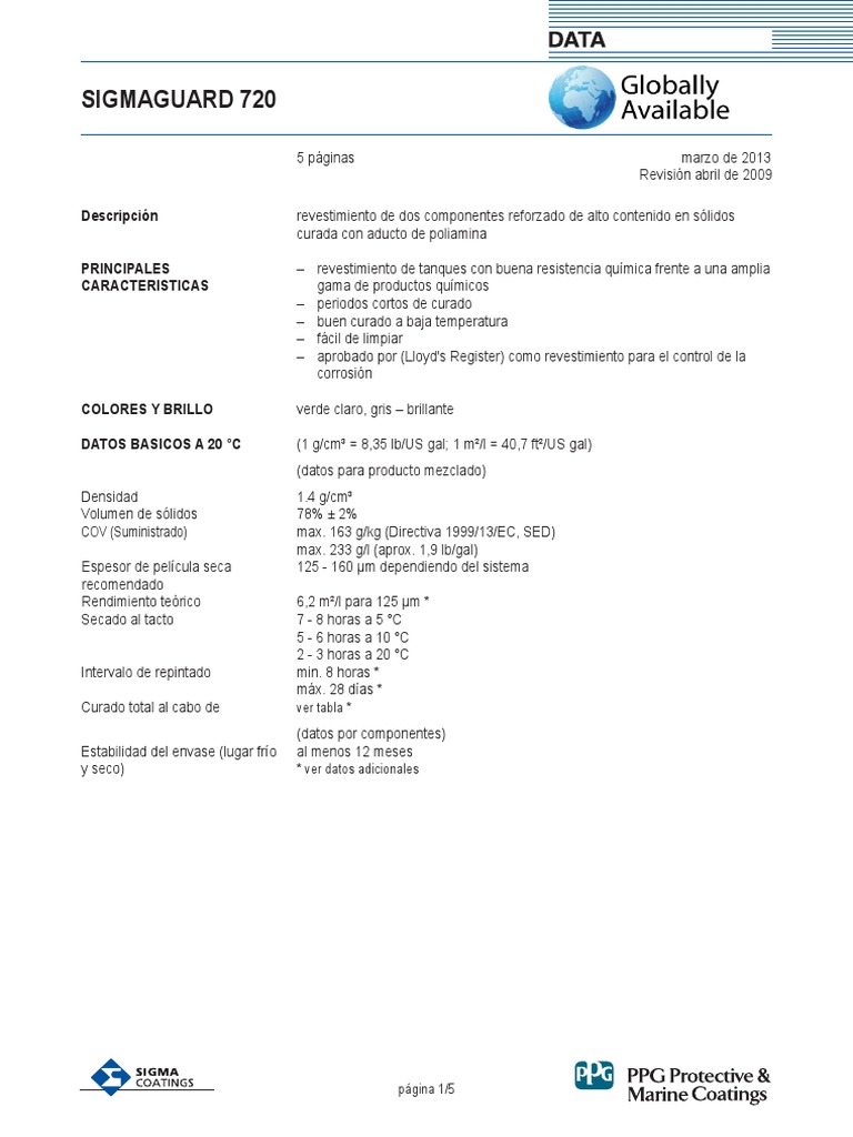 Revestimiento SIGMAGUARD 720: Resistencia Química y Aplicación | PDF
