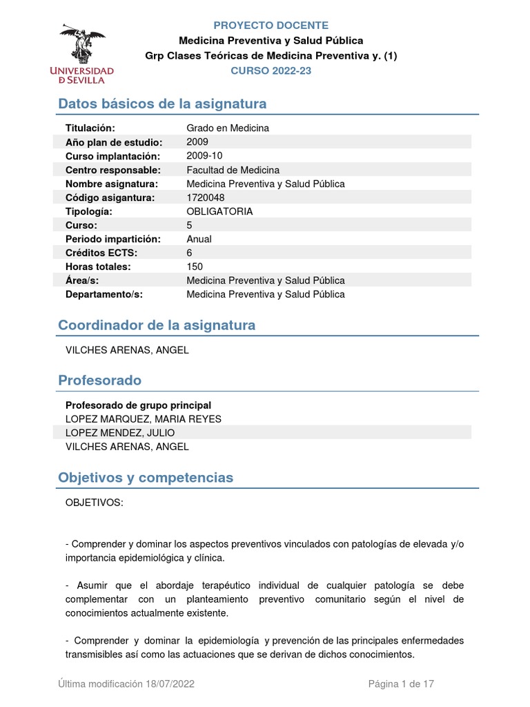 Proyecto Docente Medicina Preventiva y Salud Pública 1 2022-23 | Descargar gratis PDF | Medicina ...