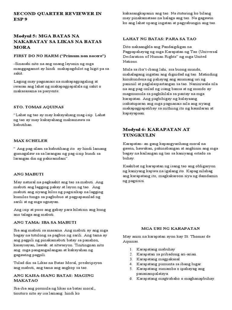 Second Quarter Reviewer in Esp 9 | PDF