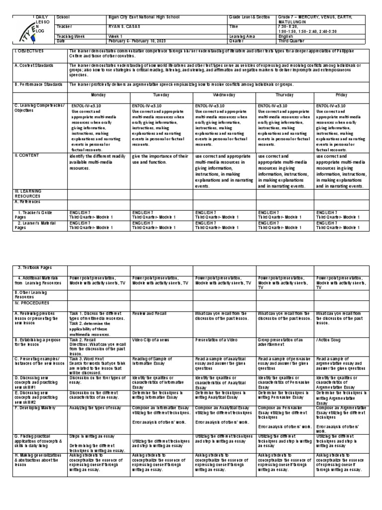 DAILY LESSON LOG Grade 10 Week 3 | PDF | Essays | Multimedia