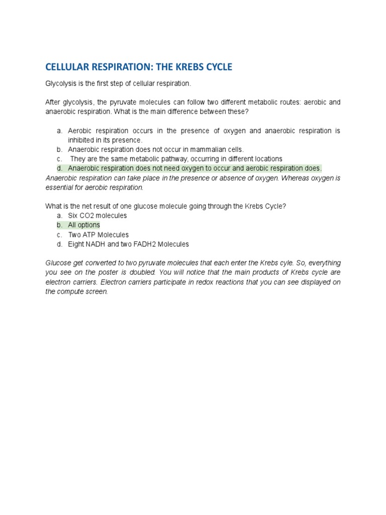 Cellular Respiration The Krebs Cycle Pdf