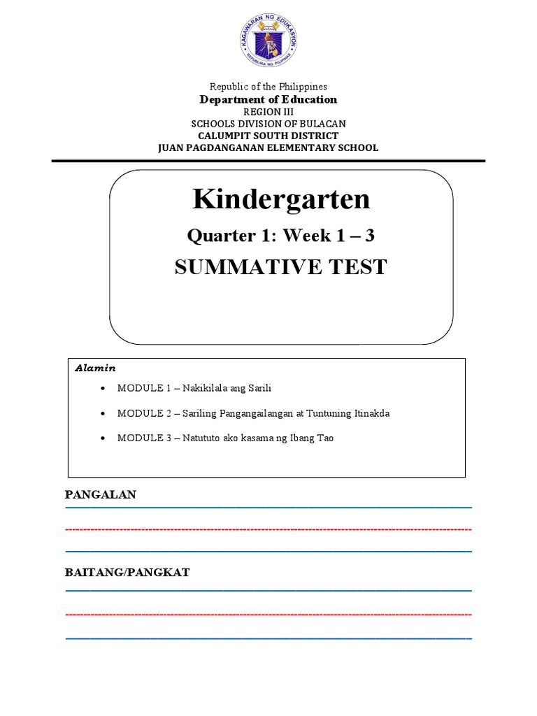 1ST Summative Test in Kinder | PDF
